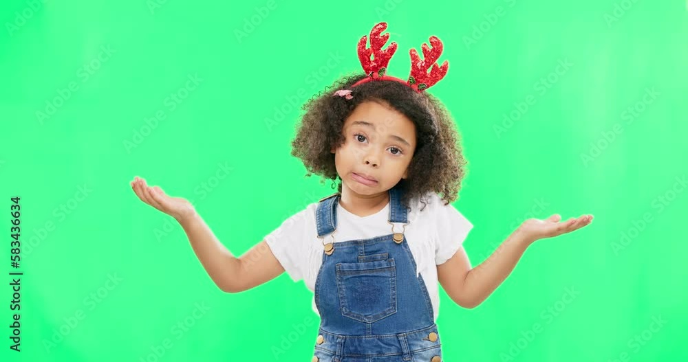 Shrug, green screen and face of a child with a gesture isolated on a studio background. Confused ...