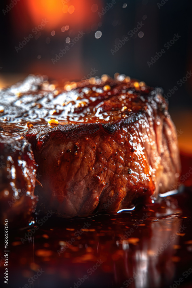 An expertly-cooked steak takes center stage in this food image, oozing ...