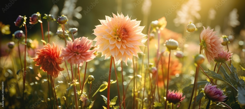 Dahlia flower in left with soft spring flowers and grass background ...