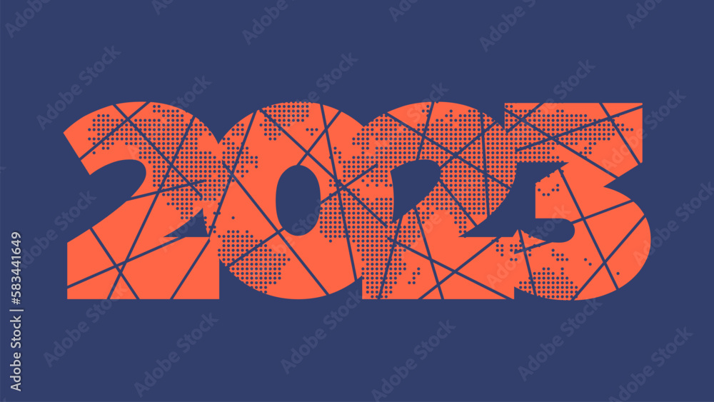 2023 year vector icon with lines and dotted world map. Element for ...