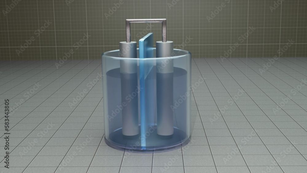 Electrochemistry. Chemistry beakers filled with clear liquid. 3d render ...