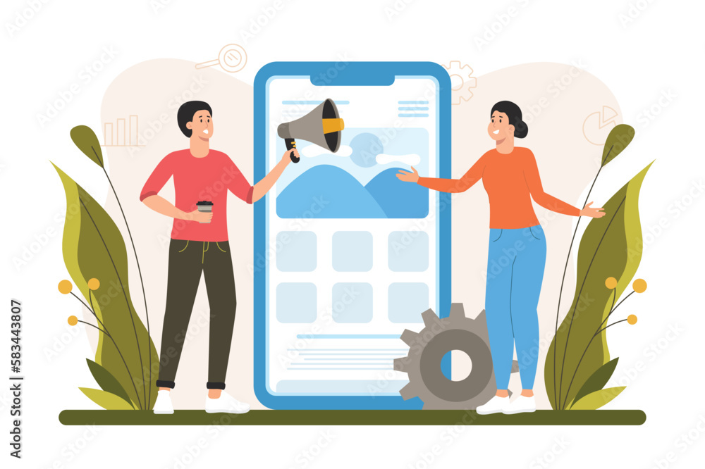 Content manager color concept with people scene in the flat cartoon ...