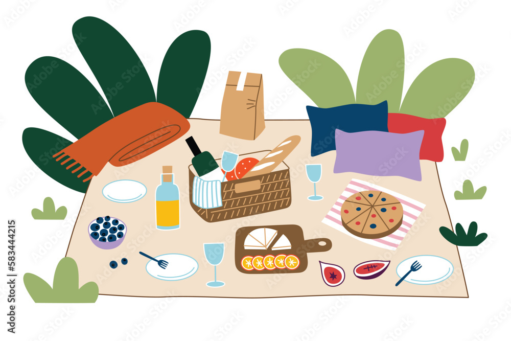 Picnic blanket with food, snacks and drinks. Hand drawn composition ...