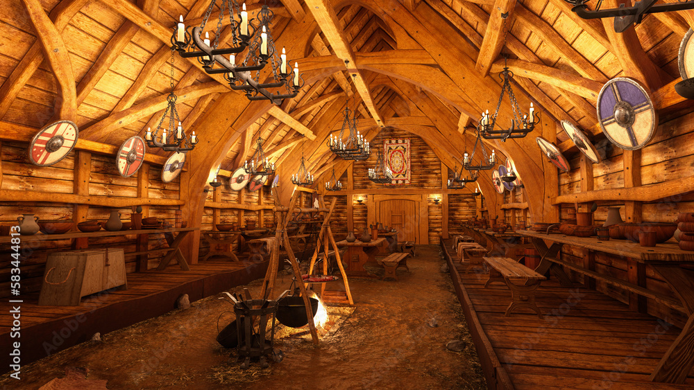 Viking long house interior with fire pit, wooden tables of food and drink and shields hanging on ...