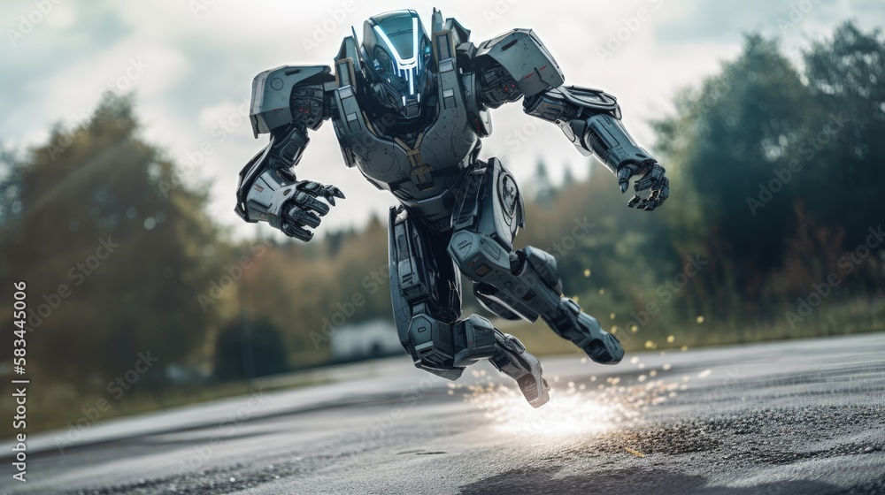 Dynamic Mecha Robot Cyborg in Action Pose - Generative AI Illustration ...