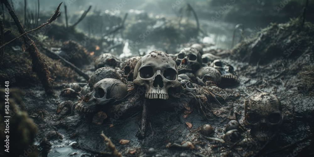 Skeletal remains of fallen warriors of war, human skulls and bones ...