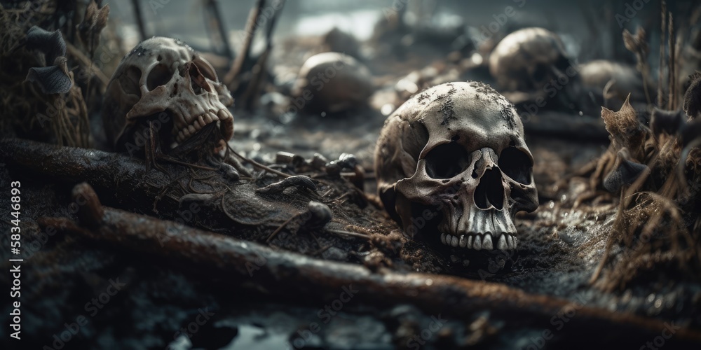 Skeletal remains of fallen warriors of war, human skulls and bones ...