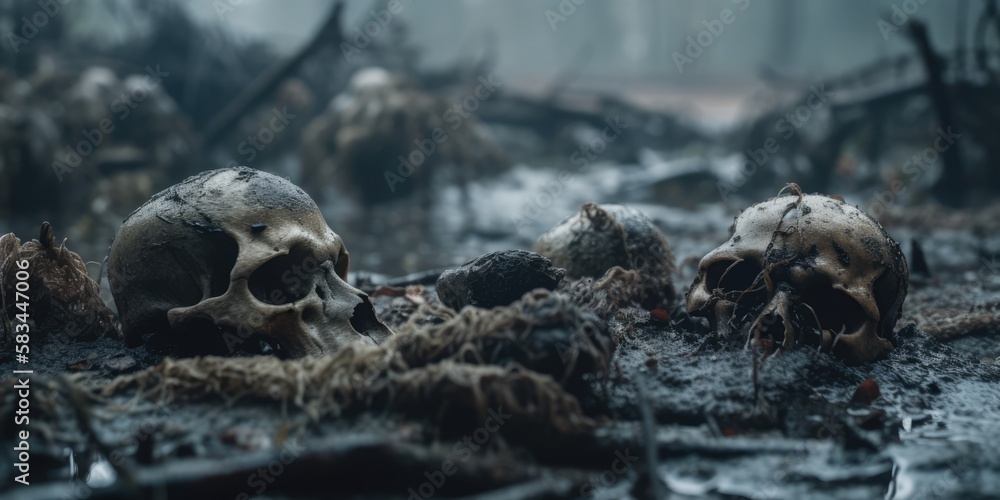Skeletal remains of fallen warriors of war, human skulls and bones ...