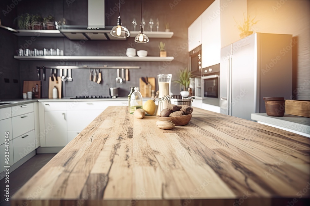 Wooden table with a background of a modern kitchen that is blurry. For ...