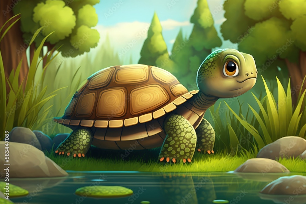 turtle in nature cartoon illustration for kids and children's book ...