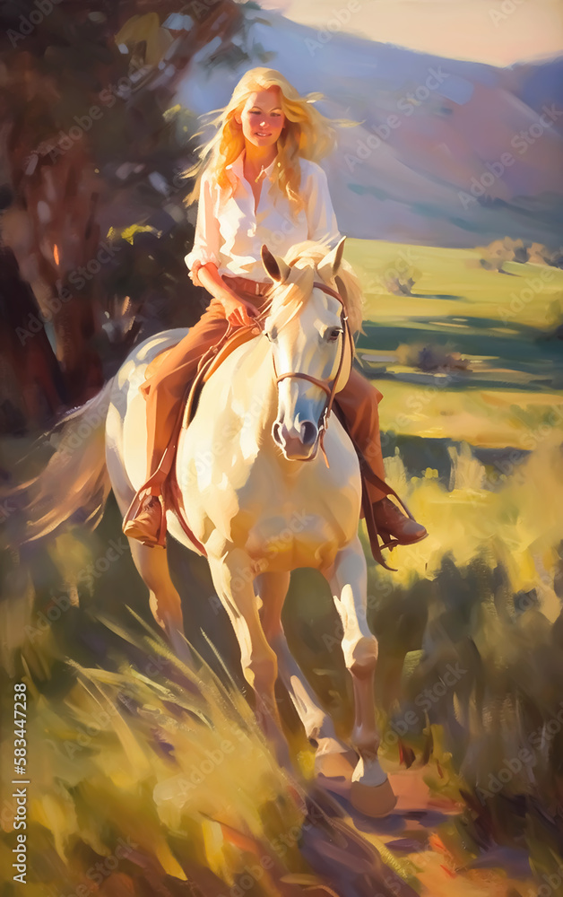 Romantic portrait of a woman riding a horse through a green landscape ...