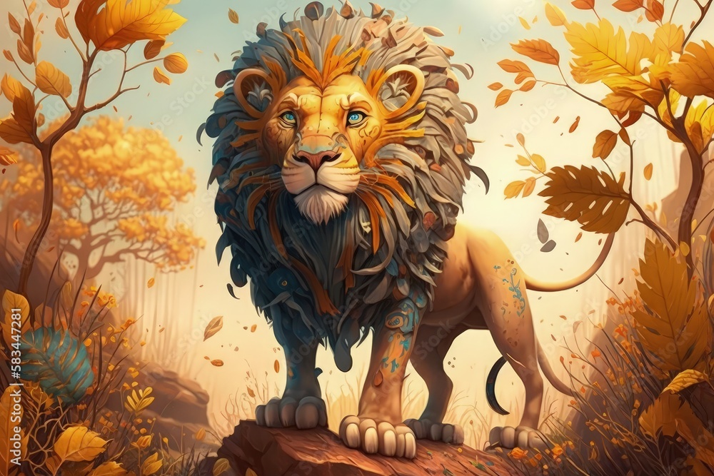 lion in nature cartoon illustration for kids and children's book ...