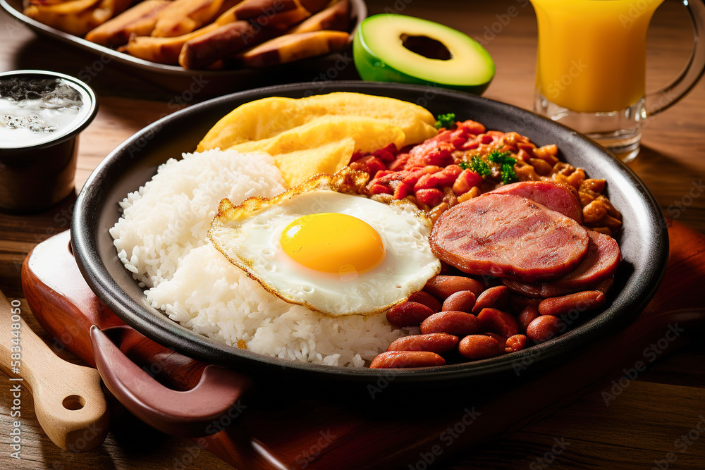Colombian food. Bandeja paisa, typical dish at the Antioquia region of ...