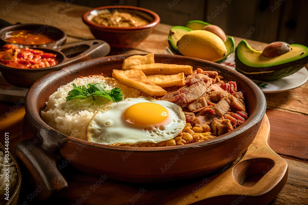 Colombian food. Bandeja paisa, typical dish at the Antioquia region of ...