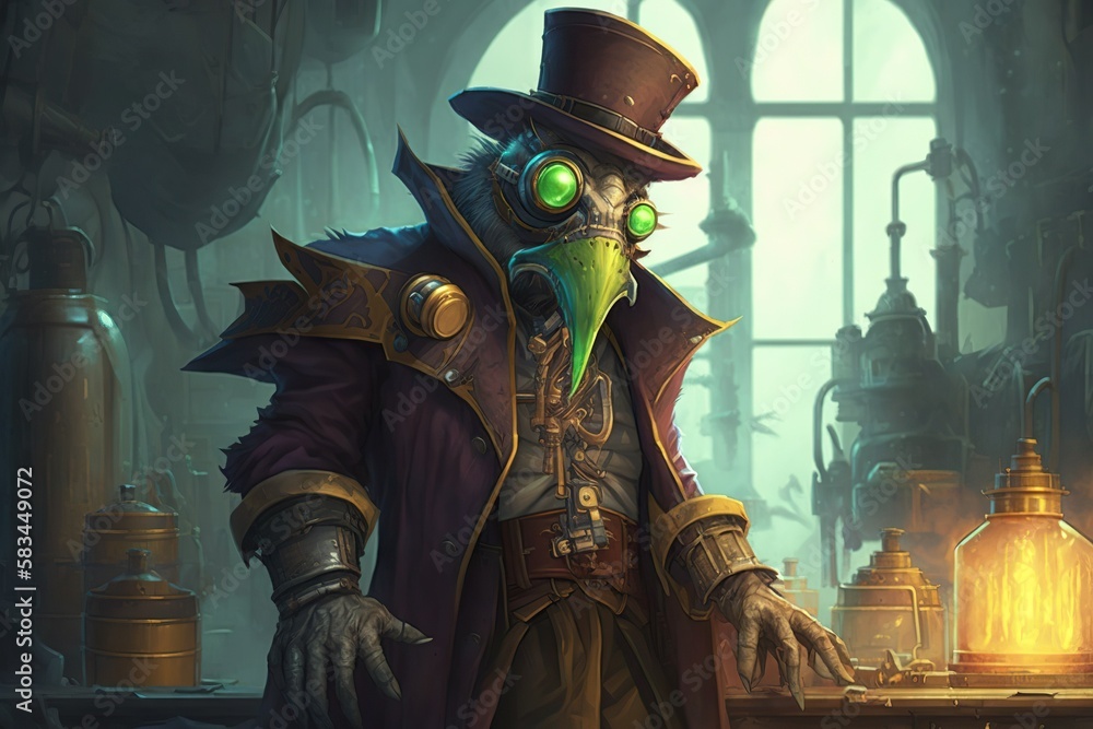 steampunk goblin plague doctor in his laboratory, illustration ...