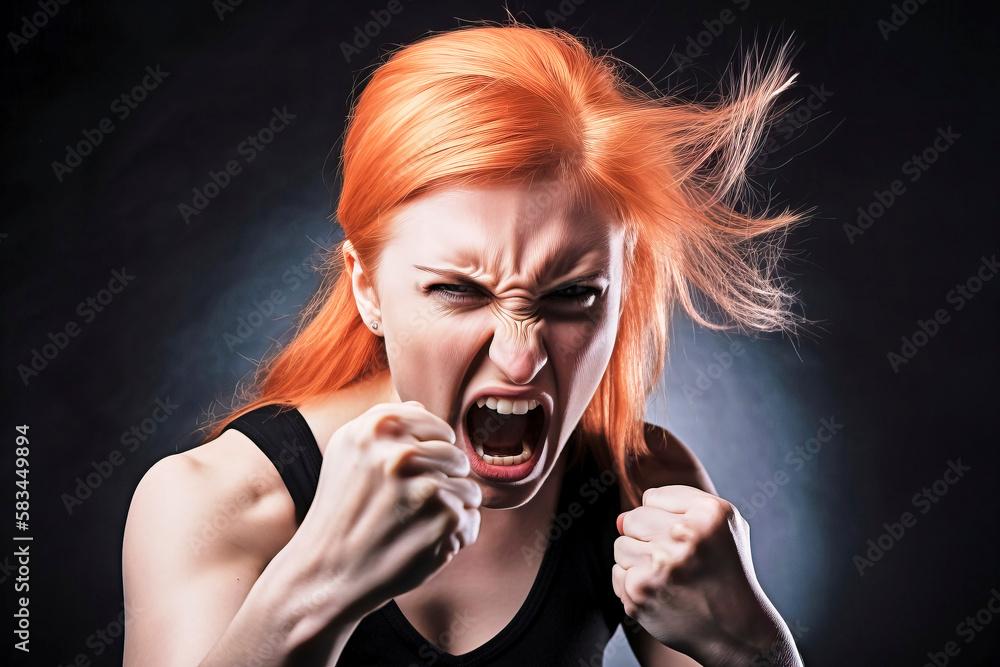 Red-haired young woman with face contorted with anger holds fists ...