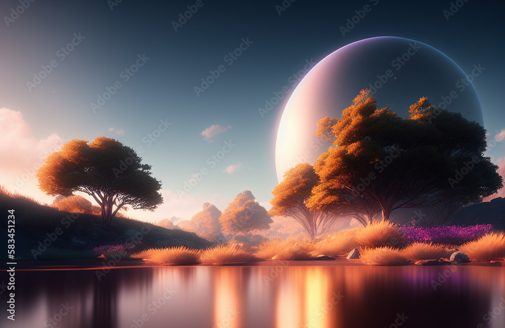 Illustration of an animated landscape featuring trees and rocks created ...