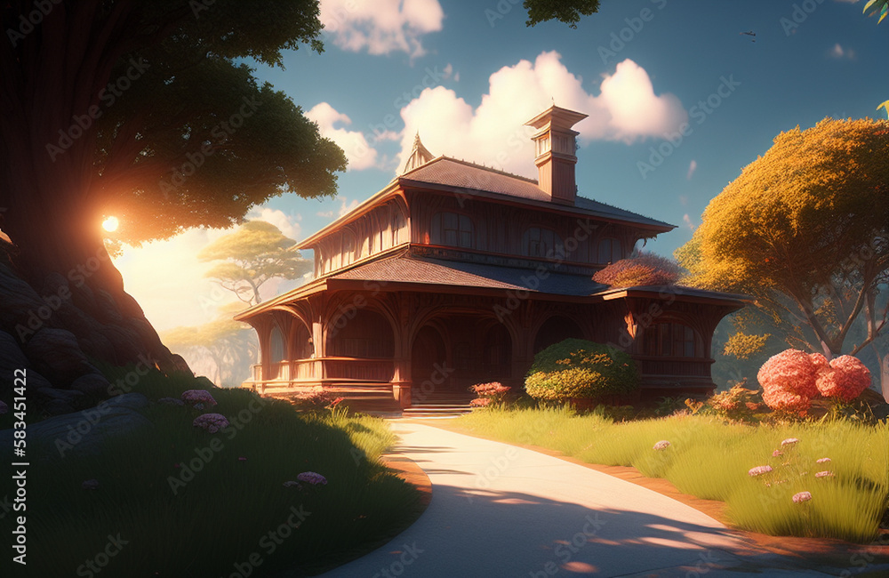 Illustration of an animated landscape featuring trees and rocks created ...