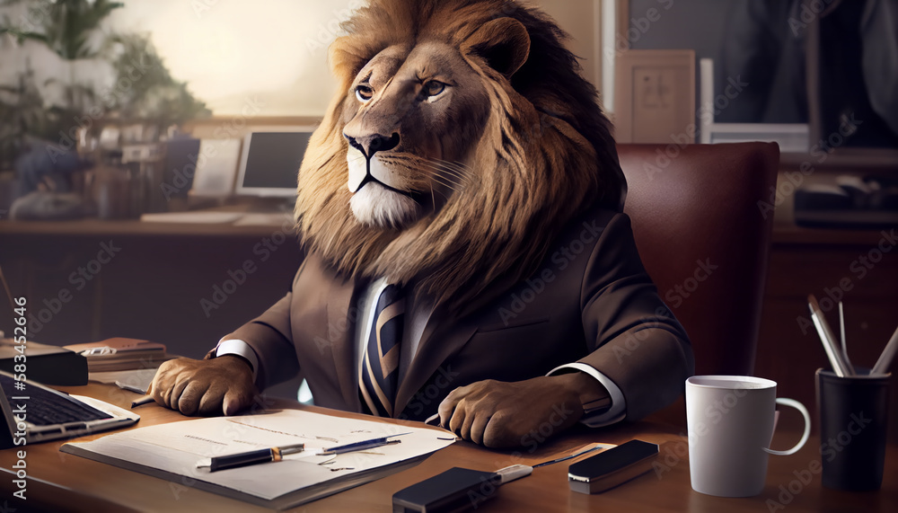 Lion's Head wearing a business suit, sitting behind desk, working in ...