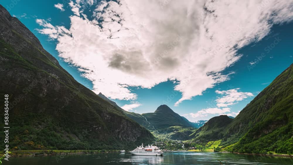 Geirangerfjord, Norway. Touristic Ship Ferry Boat Cruise Ship Liner ...