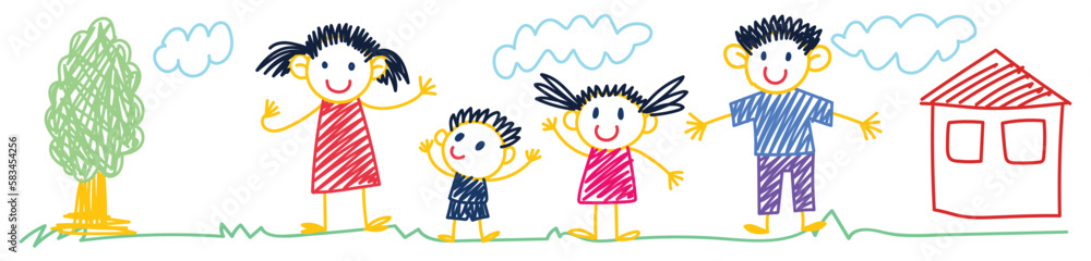 happy family kids drawing, wax crayon house outdoor Multicolored ...