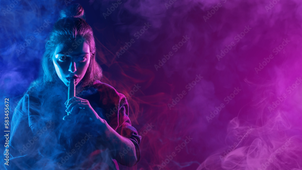 Vaper girl. Woman with vape device. Young lady in smoke from cigarettes ...