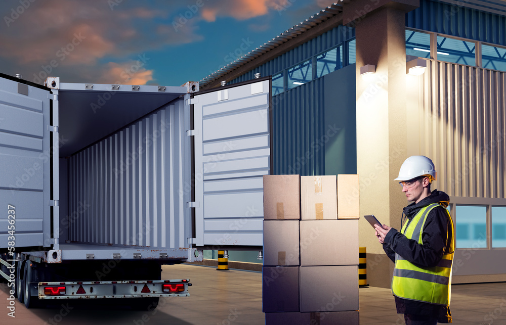 Dispatcher man transport company. Guy with tablet and truck. Loader ...