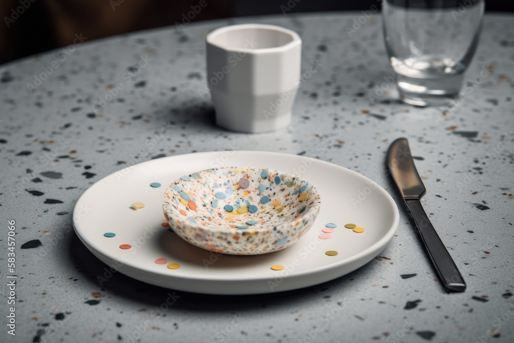 fake place card card with a terrazzo plate background and white text ...
