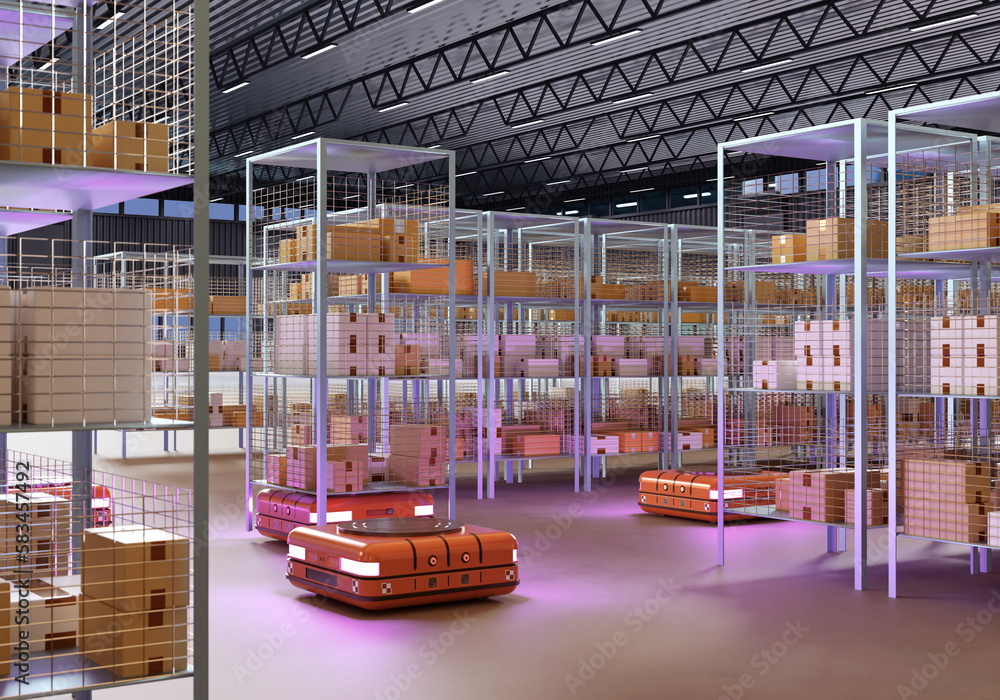 Building of distribution center from inside. Modern retrieval machines ...