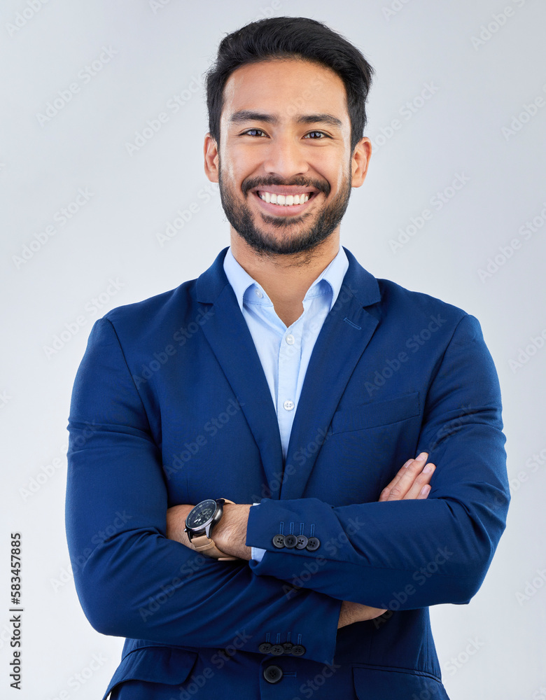 Business man, smile and arms crossed portrait in studio for corporate ...