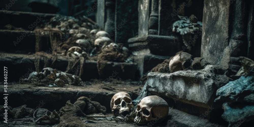 Skeletal remains strewn all over ancient decaying castle stone steps ...