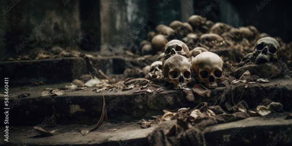 Skeletal remains strewn all over ancient decaying castle stone steps ...