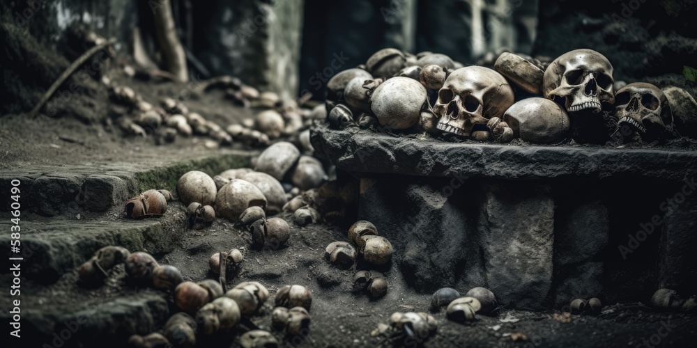 Skeletal remains strewn all over ancient decaying castle stone steps ...