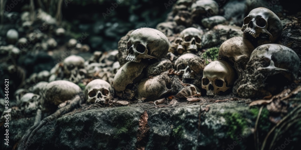 Photo Skeletal remains strewn all over ancient decaying castle stone ...