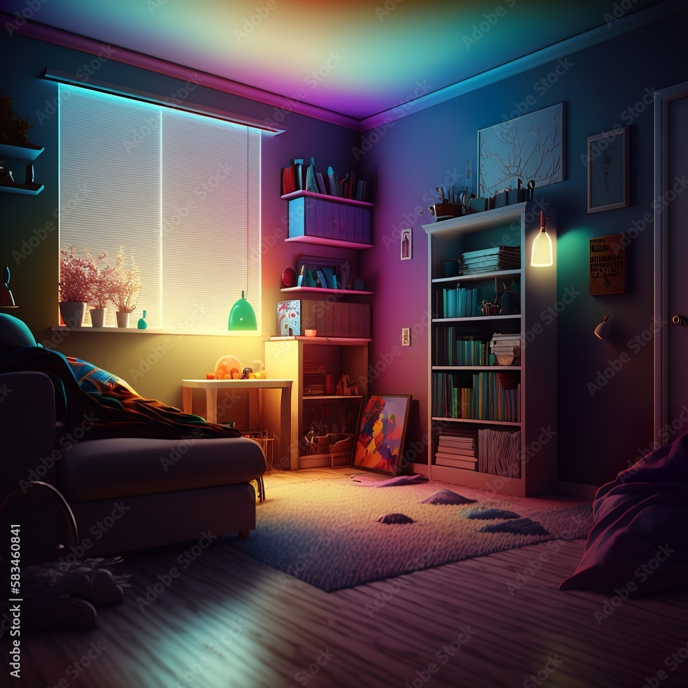 realistic room from the inside, professional lighting effects, colorful ...