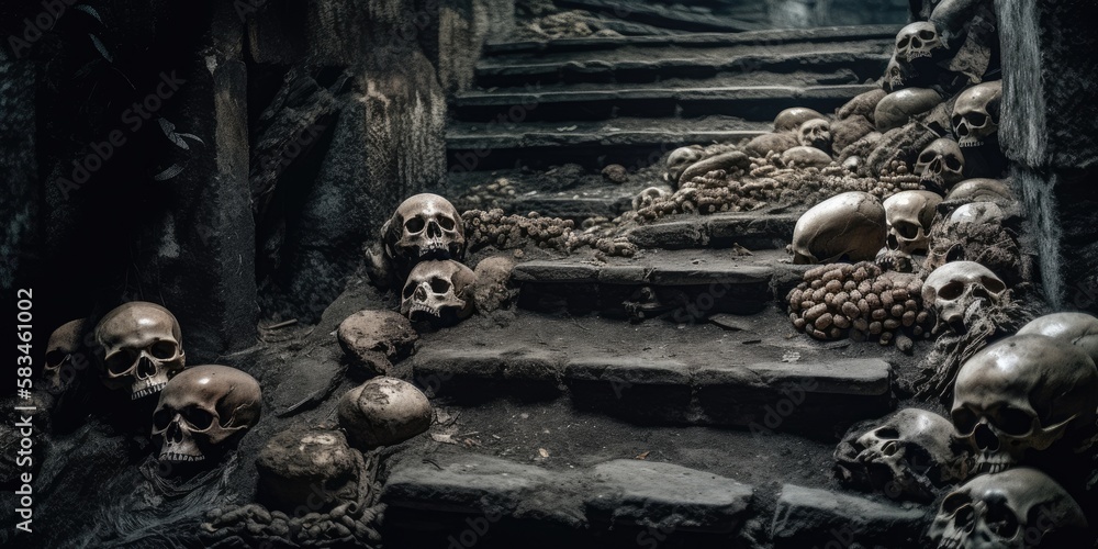 Skeletal remains strewn all over ancient decaying castle stone steps ...