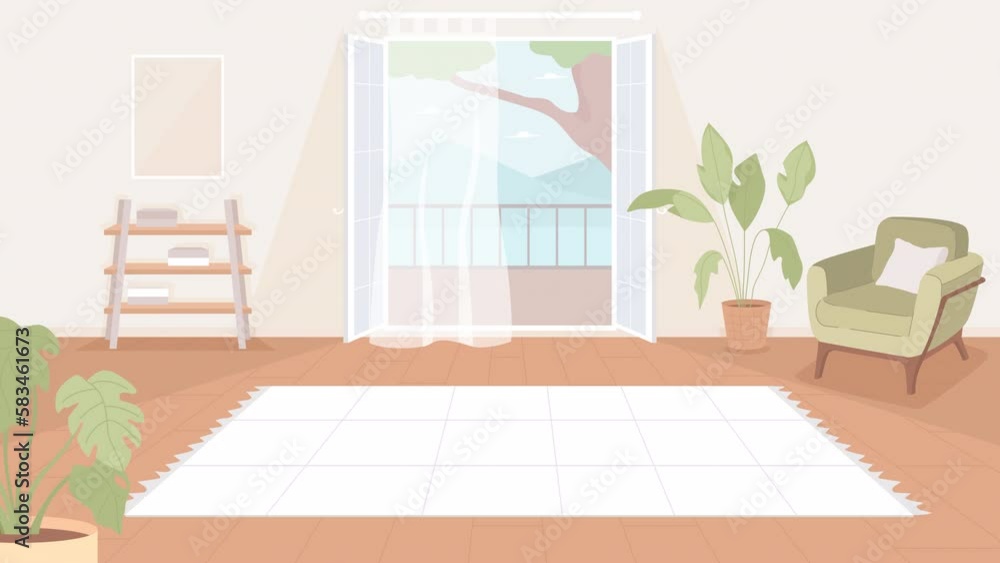 Animated spacious living room. Yoga blanket for meditation. Flat color ...