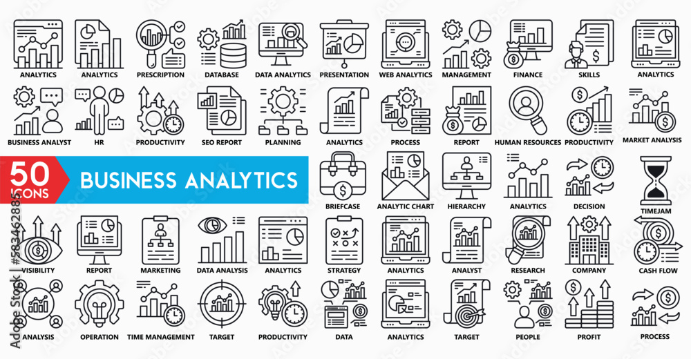 Business Analytics icons for management, data analytics, productivity ...
