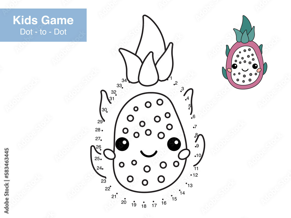 Number puzzle game. Dot to dot. Cute kawaii Dragon fruit. Healthy food ...
