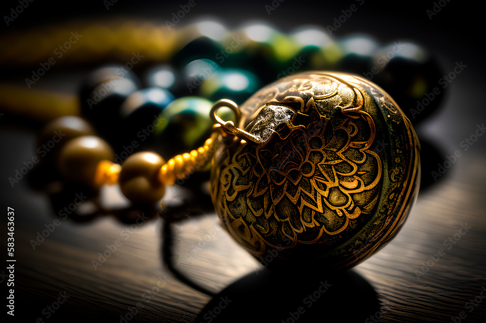 A single prayer bead from a strand of misbaha, macro photography of a ...