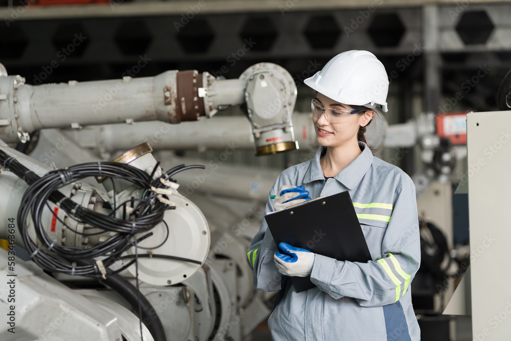 Industrial Manufacturing Robotic Arms Maintaining. Female engineer holding and working with ...