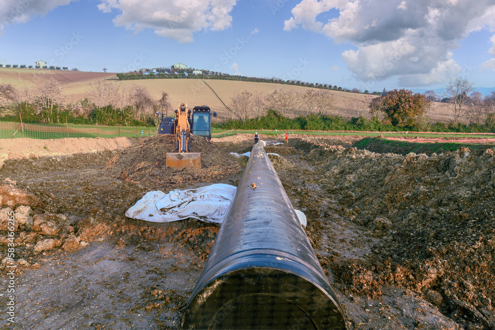 Gas pipeline construction,Excavator dug trench for installing gas pipe ...