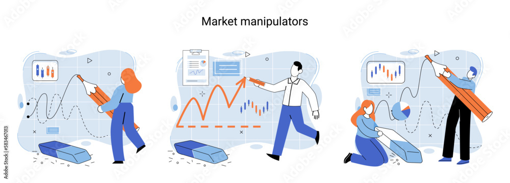 Stock market manipulation concepts set, change business graph indicator ...