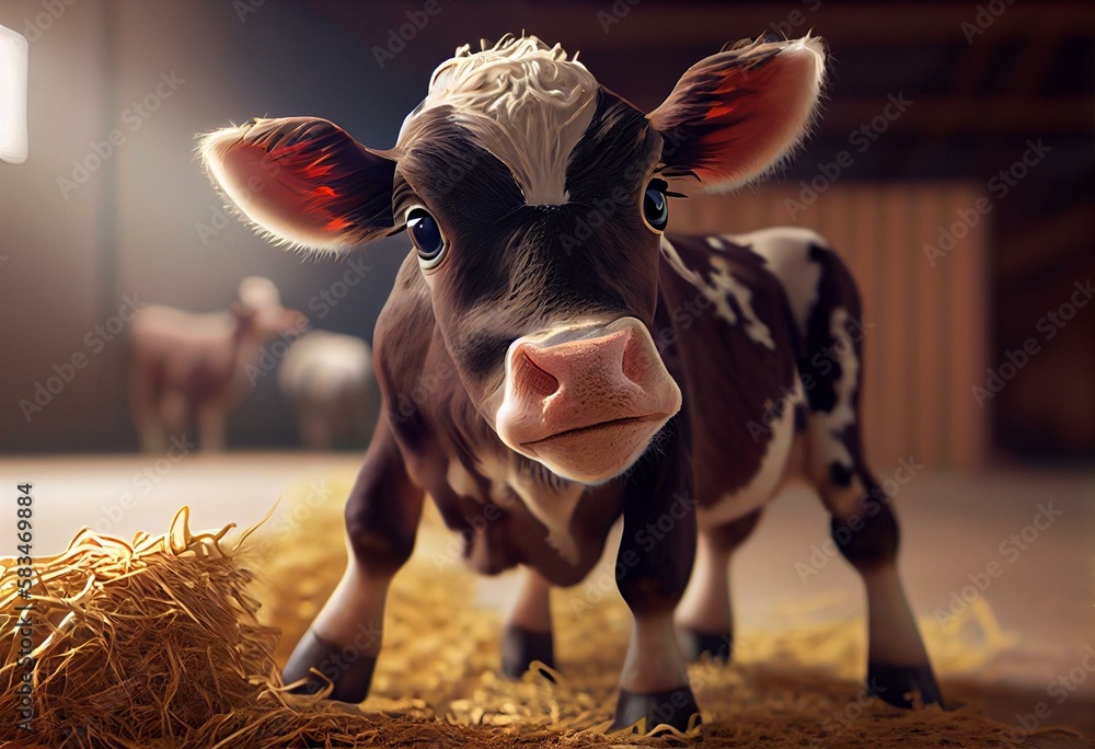 A baby cow with a charming and lovable appearance, depicted in a ...