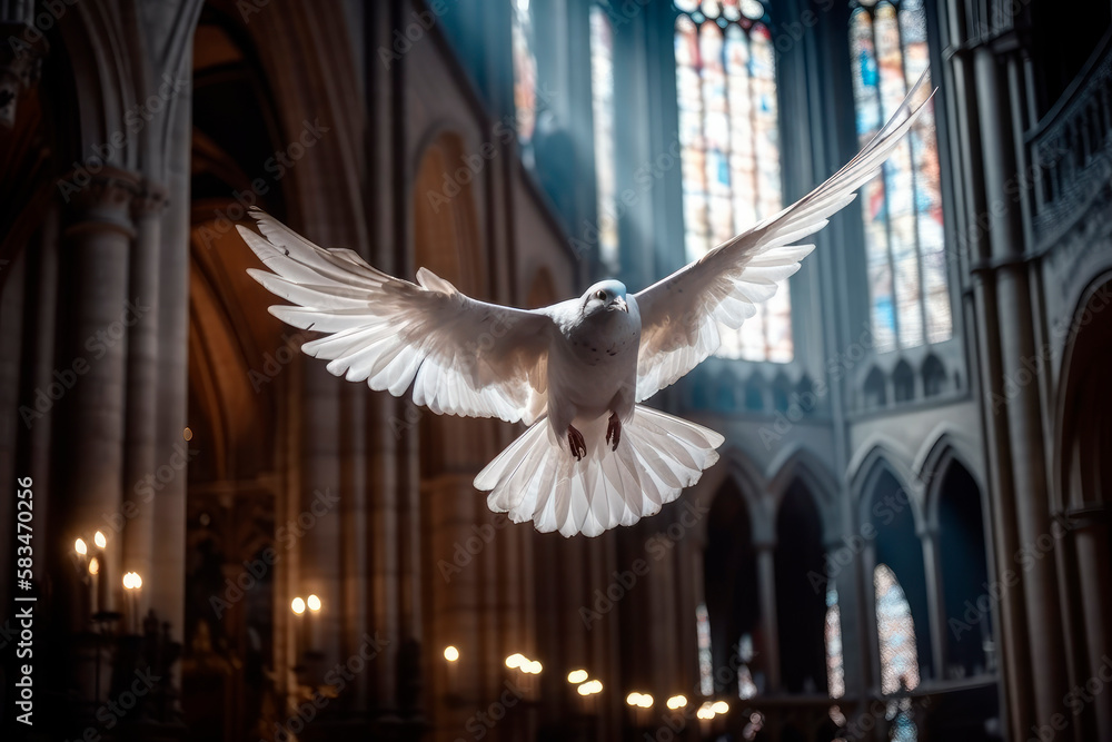 A white dove flies in the cathedral to symbolise the Holy Spirit and ...