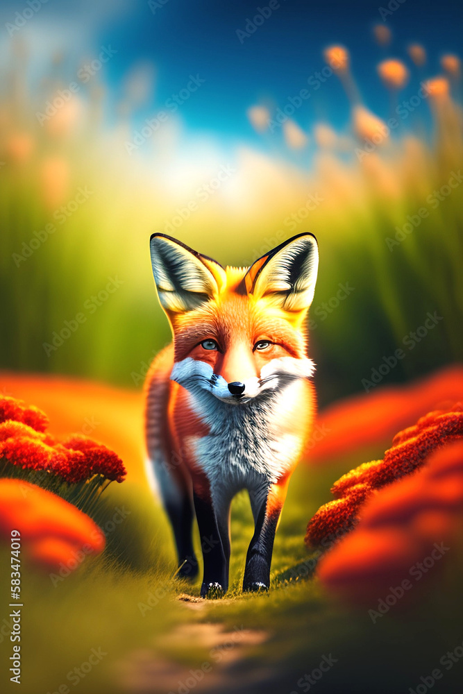 Image d'illustration d'un renard roux dans une prairie fleurie Stock ...