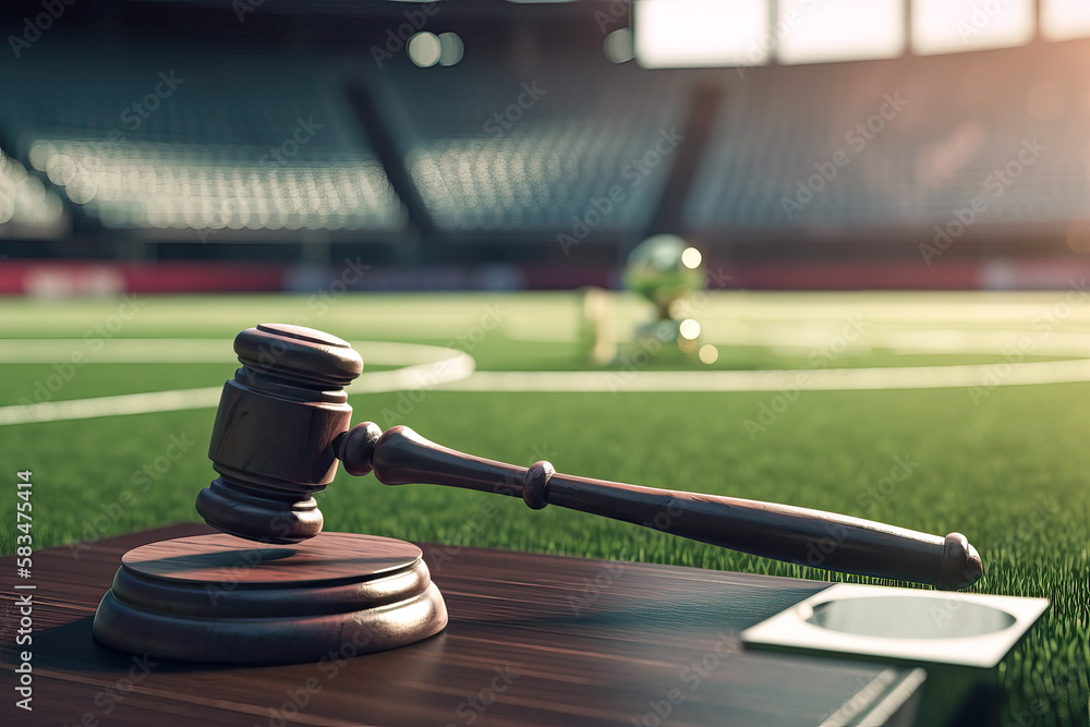 Sports law. Gavel justice, gavel with a sports stadium background. Law ...