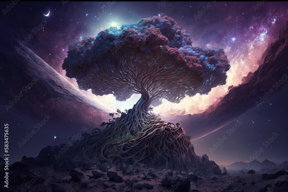 Cosmic nebula growing gigantic tree growing on asteroid. Illustration ...