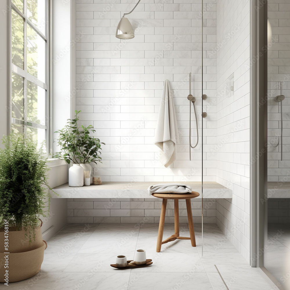 Marble vanity counter, shower bench in white subway tile wall modern ...
