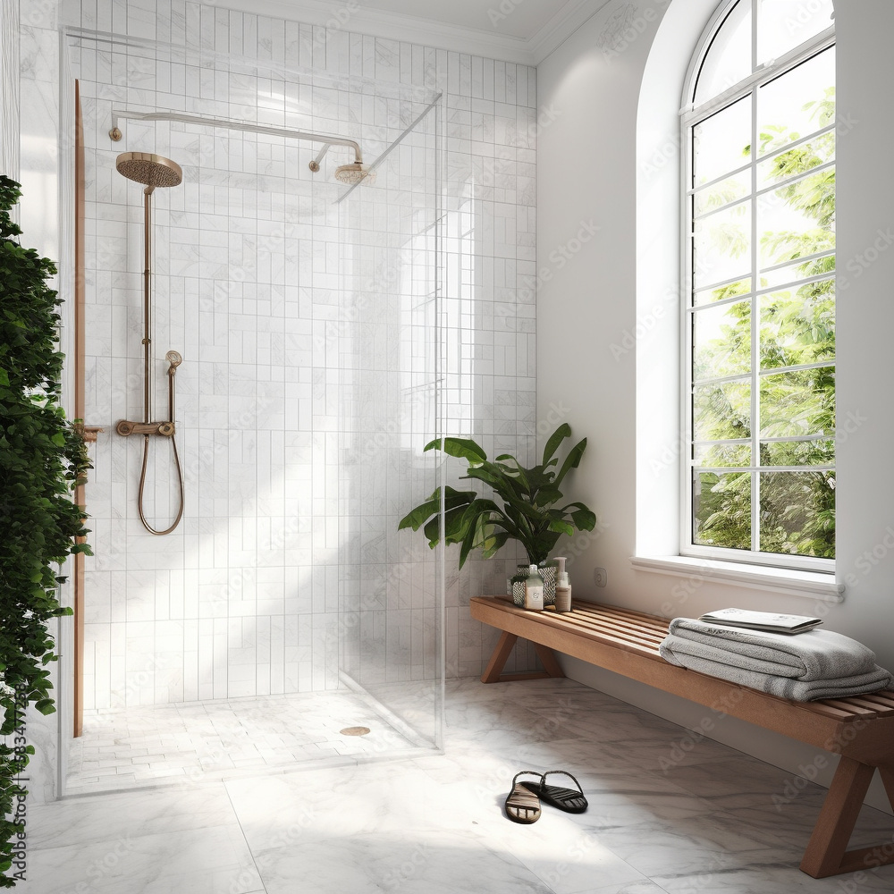 Marble vanity counter, shower bench in white subway tile wall modern ...